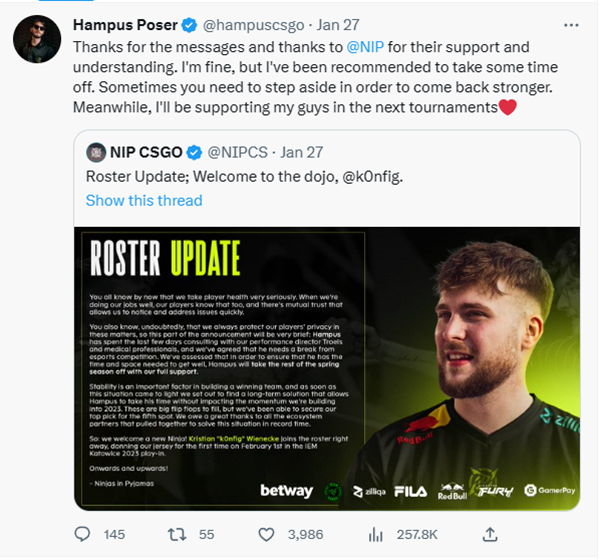 hampus回应离开：谢谢关心，我只是需要休息_5EPlay - 5EPlay赛凡网