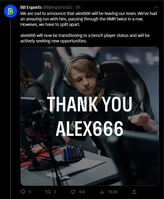 失利后变阵 乌克兰战队B8宣布下放alex666_5EPlay - 5EPlay赛凡网