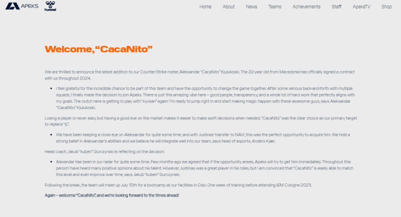 Apeks官宣：签下CacaNito_5EPlay - 5EPlay赛凡网