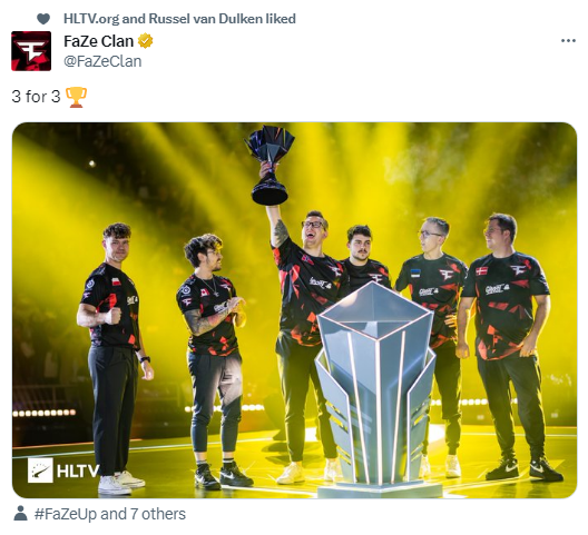 FaZe众人夺冠后动态：总监、ropz晒与奖杯合照_5EPlay - 5EPlay赛凡网