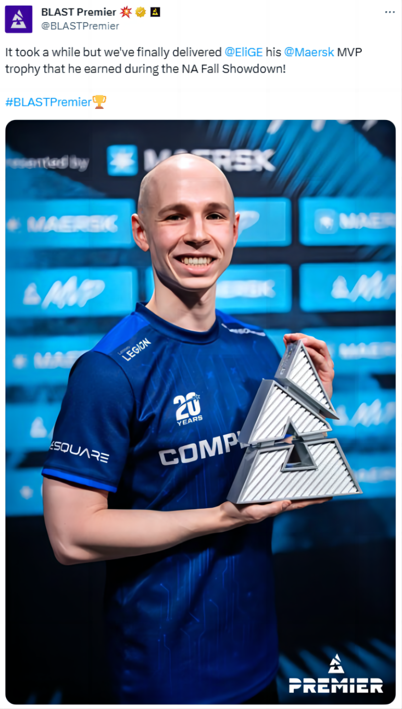 BLAST官方补发EliGE北美秋季复活赛的MVP奖杯_5EPlay - 5EPlay赛凡网