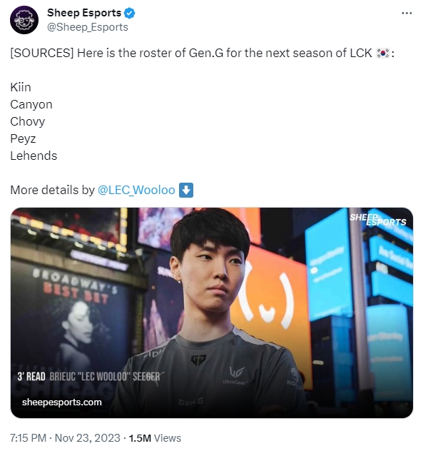 外媒：GEN明年阵容Kiin、Canyon、Chovy、Peyz、Lehends_5EPlay - 5EPlay赛凡网