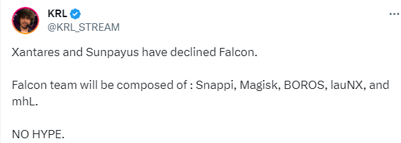 KRL爆料：SunPayus及XANTARES已拒绝Falcons邀请_5EPlay - 5EPlay赛凡网