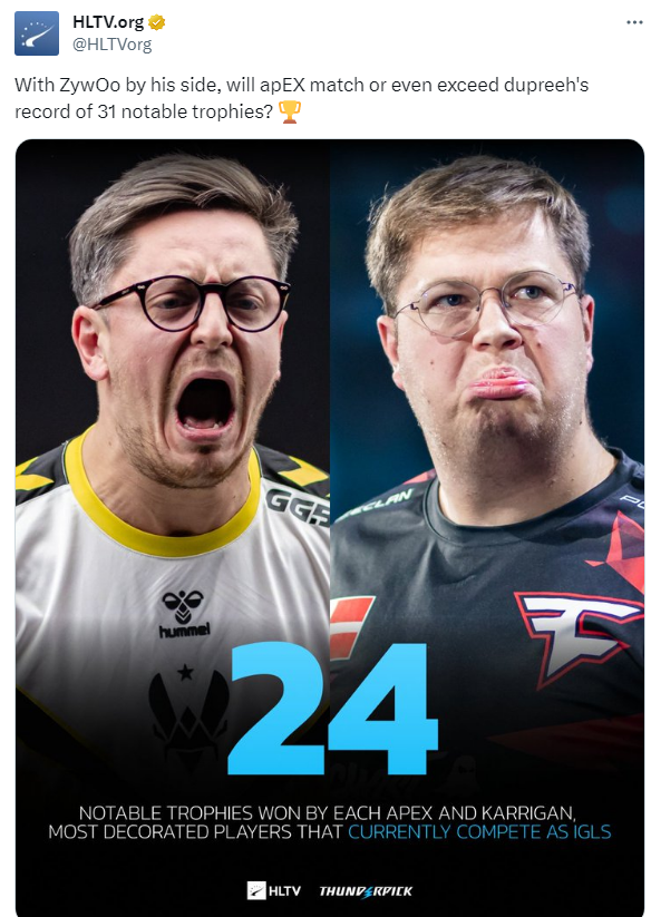 HLTV数据统计：apEX和karrigan 24冠并列最多冠军