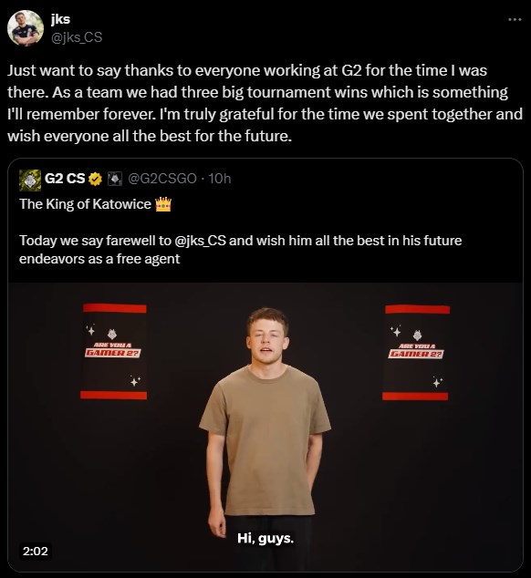 jks回应离开G2：我将永远铭记我们一起取得的成绩_5EPlay - 5EPlay赛凡网