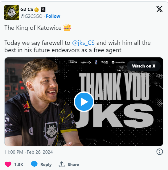 官宣：jks正式离开G2_5EPlay - 5EPlay赛凡网