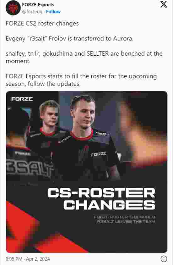 FORZE下放CS阵容，r3salt加盟Aurora_5EPlay - 5EPlay赛凡网