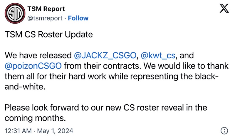 官宣：TSM同poizon、JACKZ及KWERTZZ解约_5EPlay - 5EPlay赛凡网