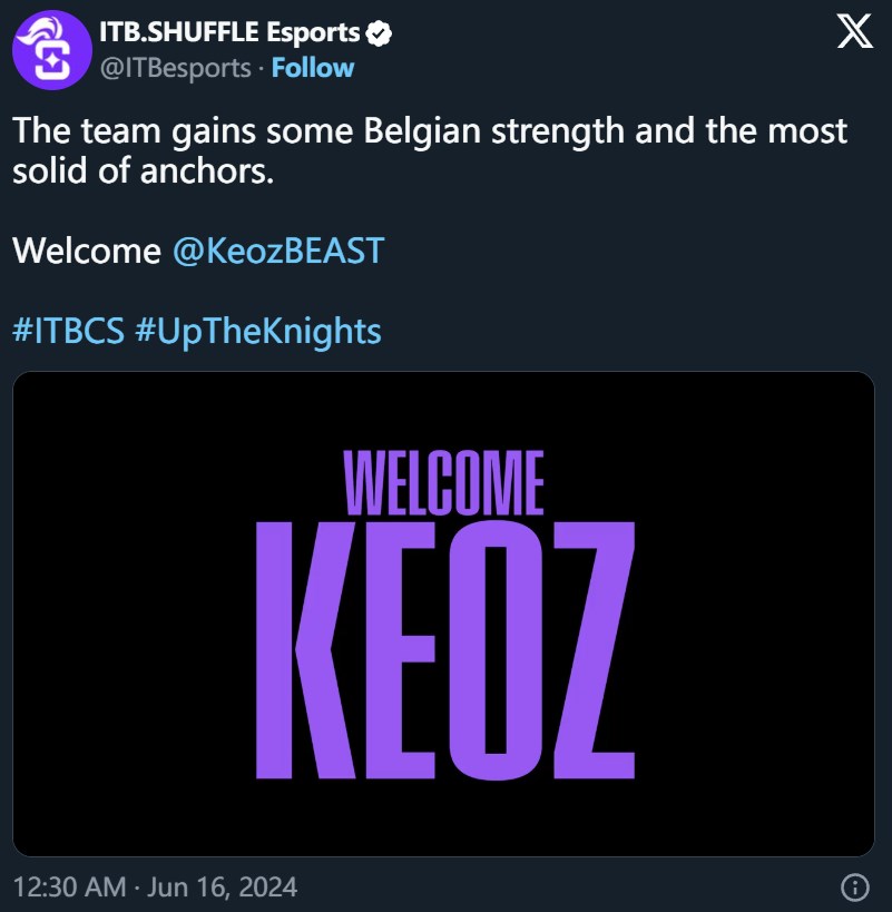 ITB官宣新阵容第四人 Keoz正式加盟_5EPlay - 5EPlay赛凡网