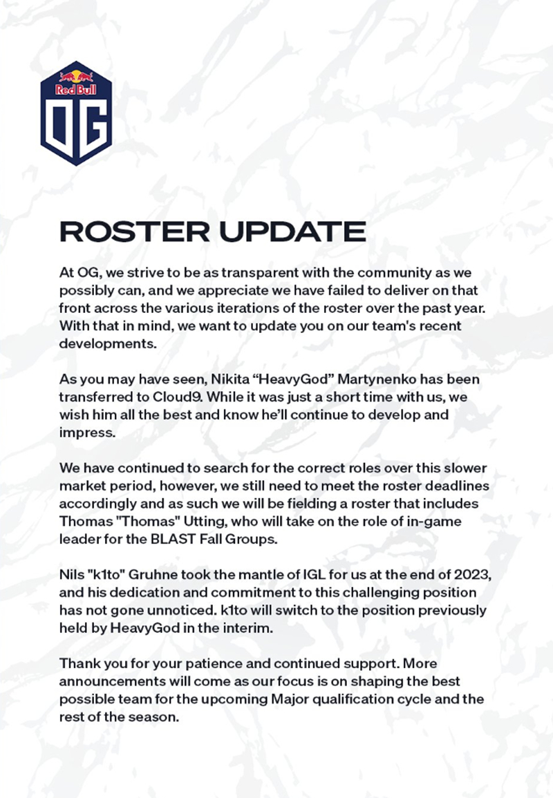 官宣：Thomas将成为OG在BLAST秋季小组赛的替补选手_5EPlay - 5EPlay赛凡网