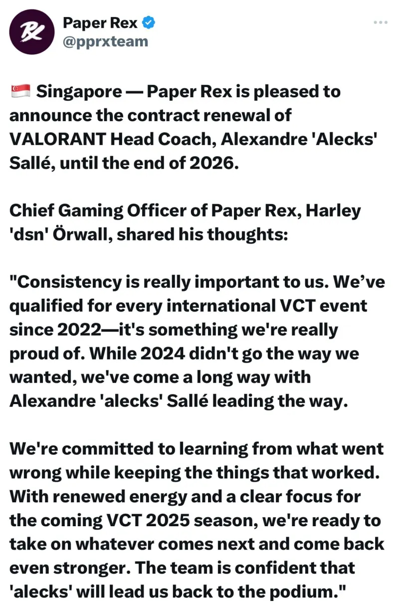 润东续约了！PRX官宣主教练Alecks至续约2026年底_5EPlay - 5EPlay赛凡网