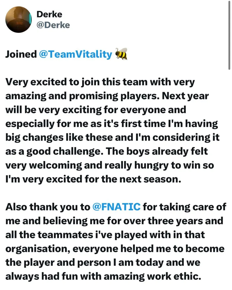 Team Vitality官宣：前FNC选手Derke正式加盟，征战2025赛季_5EPlay - 5EPlay赛凡网