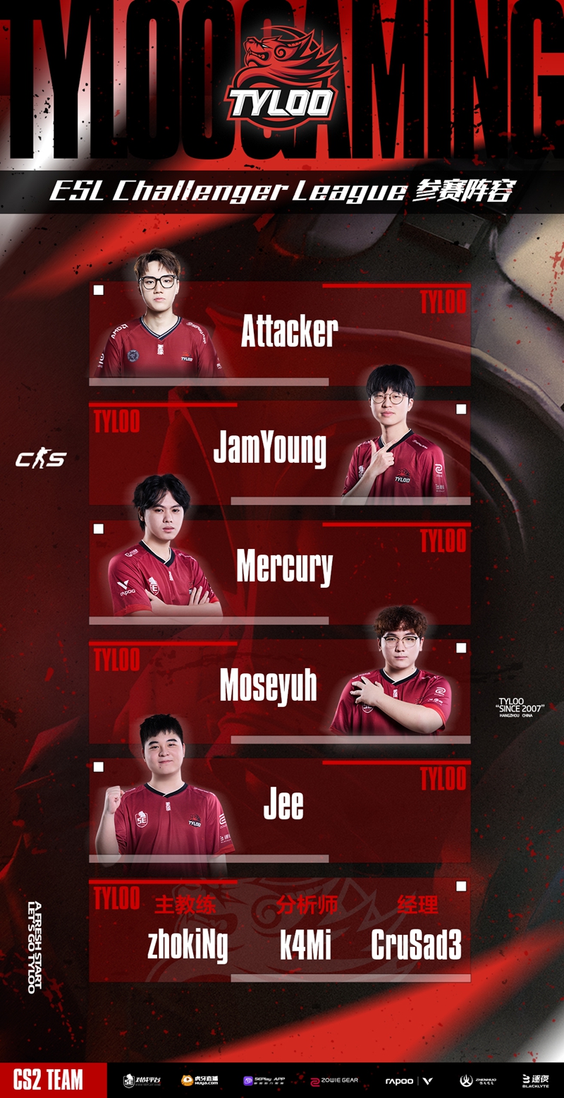 官宣：TYLOO公布ECL挑战者联赛阵容 Attacker替换aumaN_5EPlay - 5EPlay赛凡网