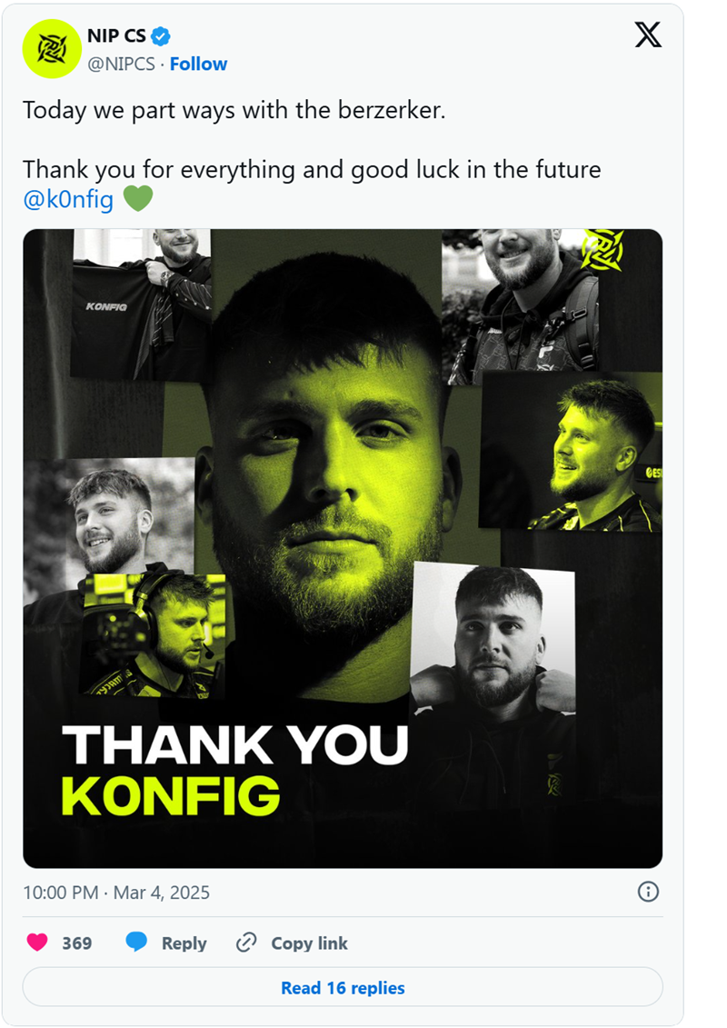 官宣：k0nfig离开NIP_5EPlay - 5EPlay赛凡网