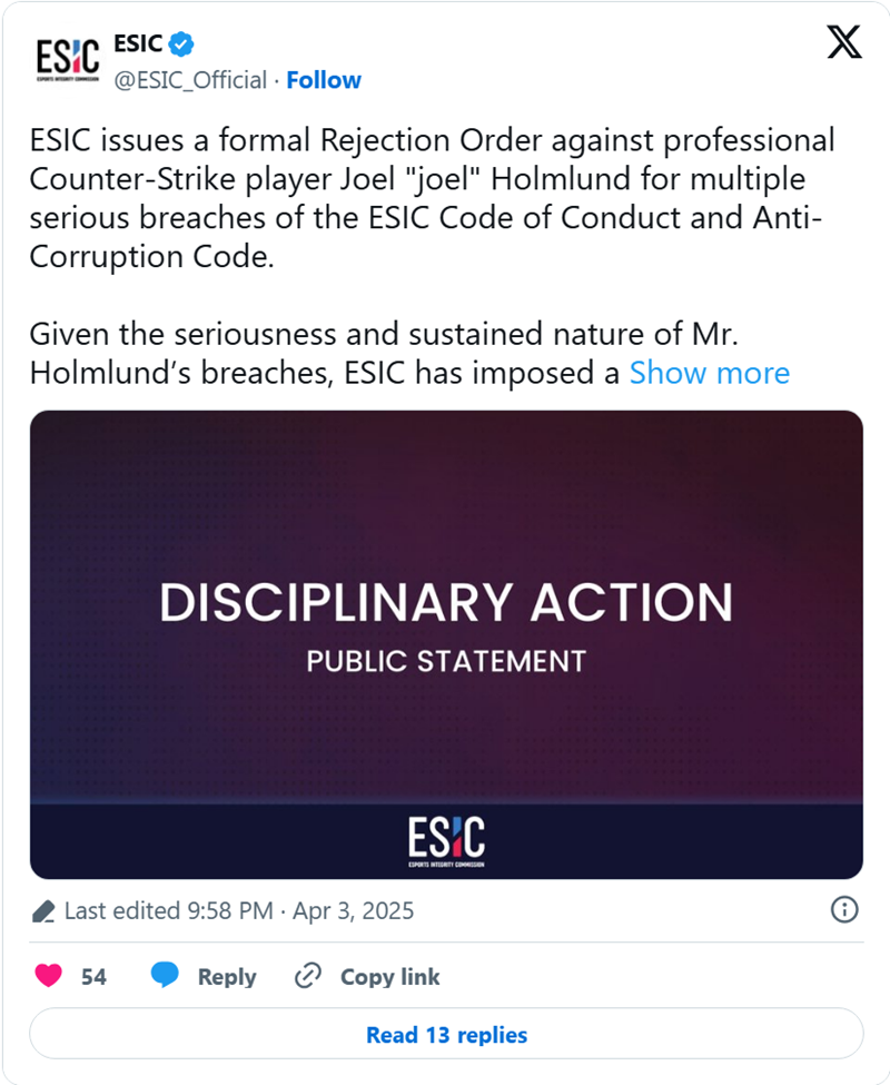 涉嫌作弊：joel被ESIC终身禁赛_5EPlay - 5EPlay赛凡网