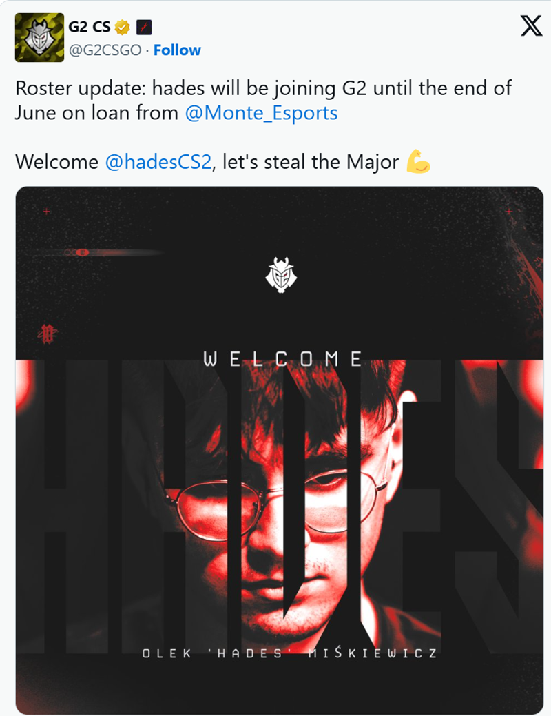 官宣：G2将租借hades至六月底_5EPlay - 5EPlay赛凡网