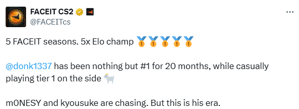 donk以5360分连续五个赛季登顶FACEIT天梯榜首_5EPlay - 5EPlay赛凡网