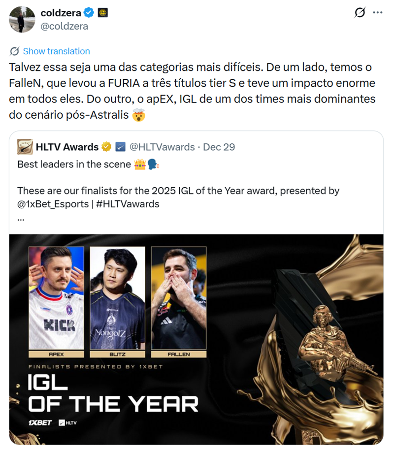 coldzera：很难评判谁才是今年的HLTV年度最佳指挥_5EPlay - 5EPlay赛凡网